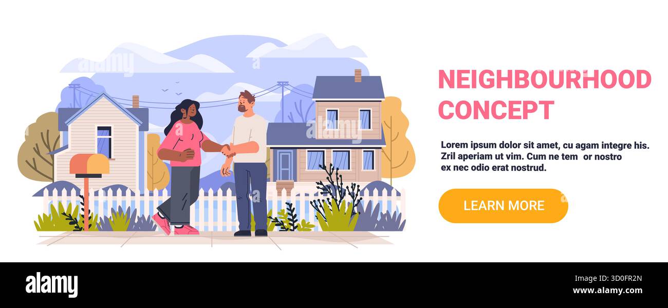 Neighbourhood concept people shaking hands friendly community suburban ...