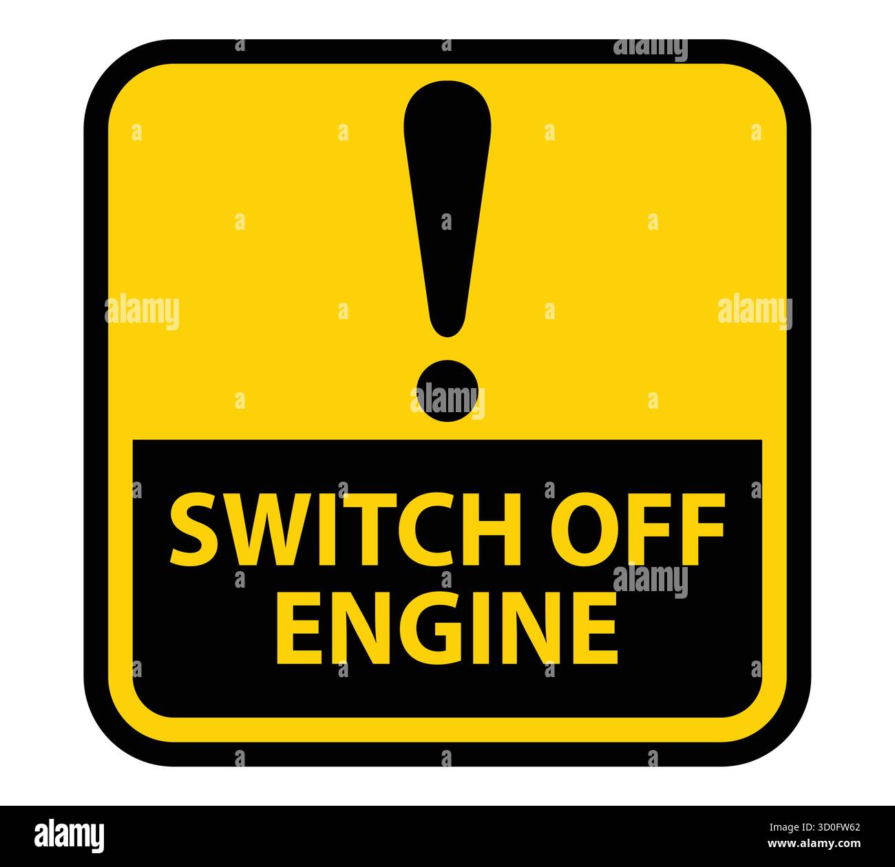 Bright yellow caution sign instructing to switch off the engine. This ...