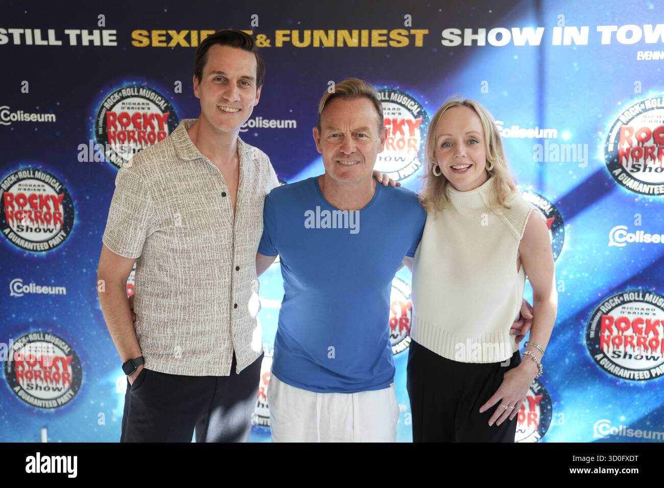 (L-R) Actors and singers James Bisp, Jason Donovan and Haley Flaherty ...
