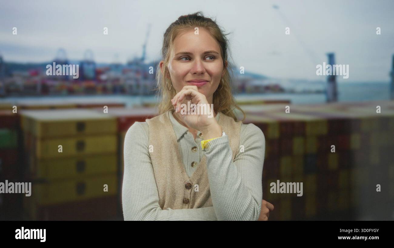 Woman touches hand thinking posture hi-res stock photography and images ...