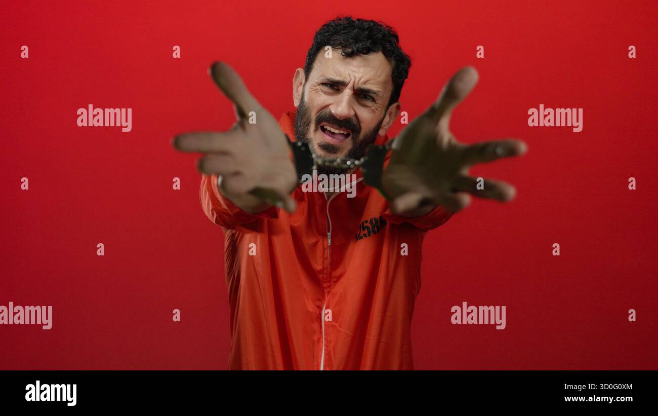 Hispanic man with a beard in an orange prison jumpsuit, wearing ...