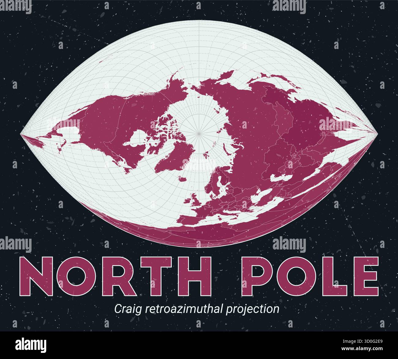North Pole. World map. Craig retroazimuthal projection centered on the ...