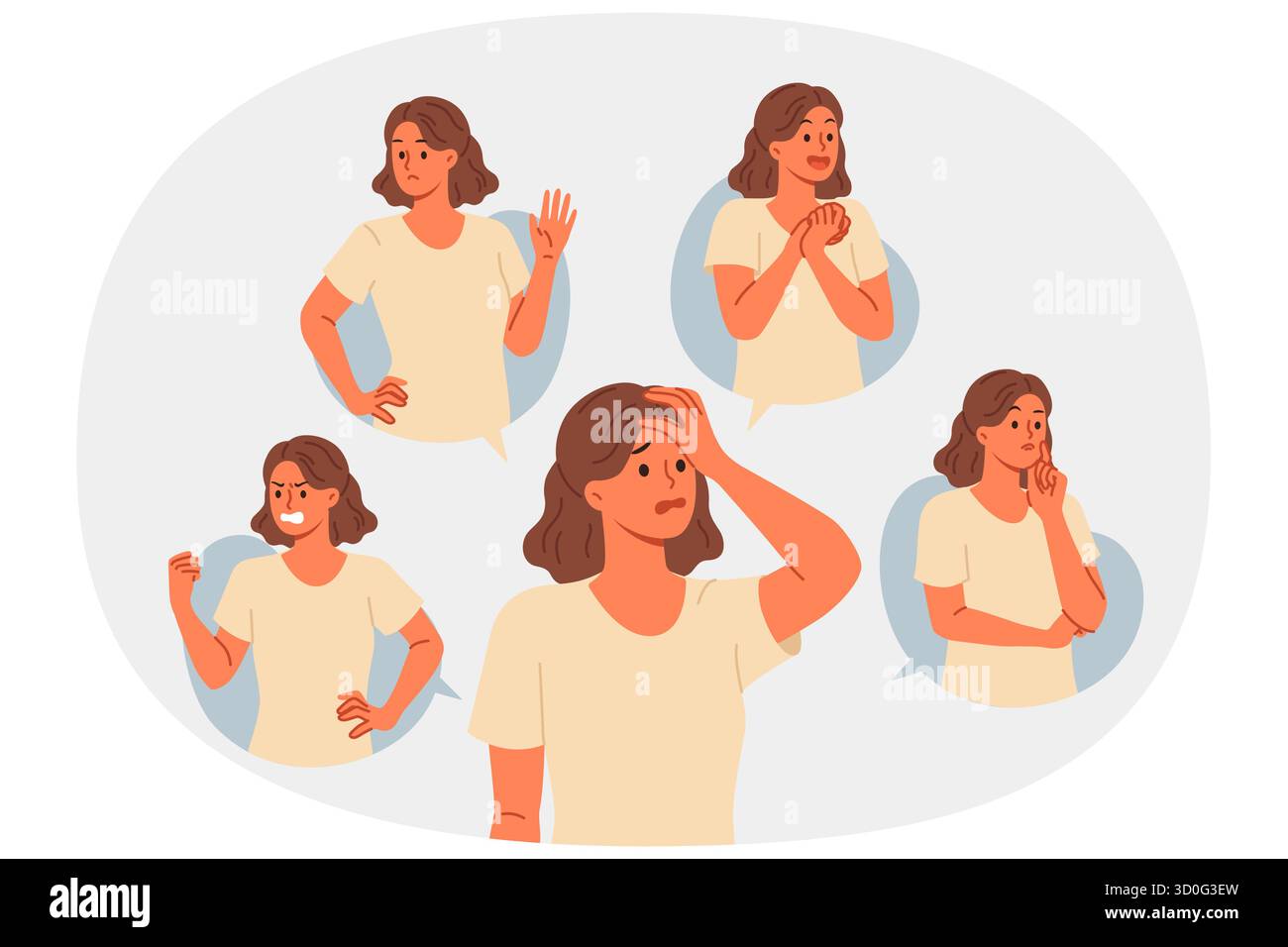 Woman with negative emotions shows different grimaces symbolizing ...