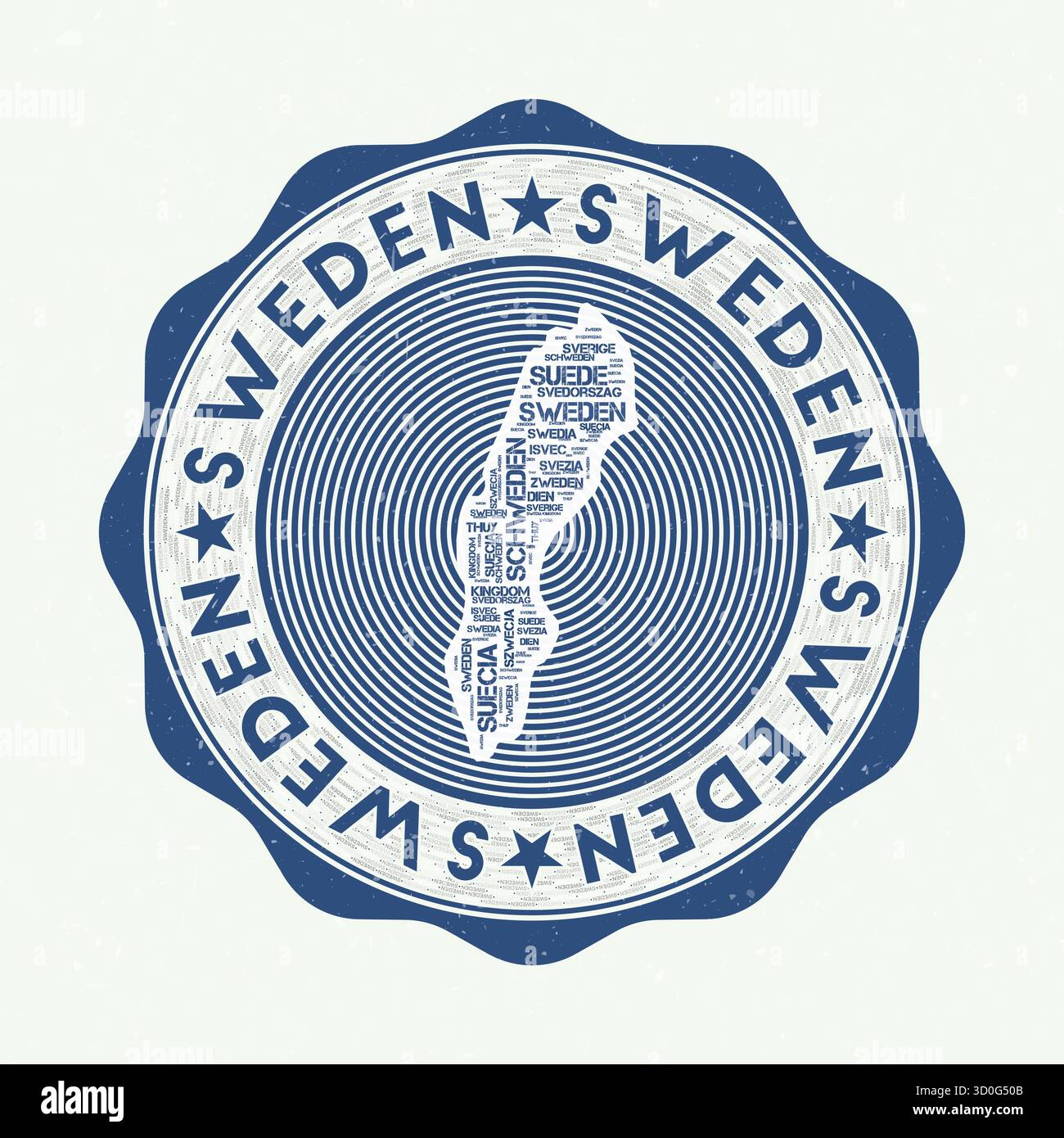 Sweden seal. Country round logo with shape of Sweden and country name ...