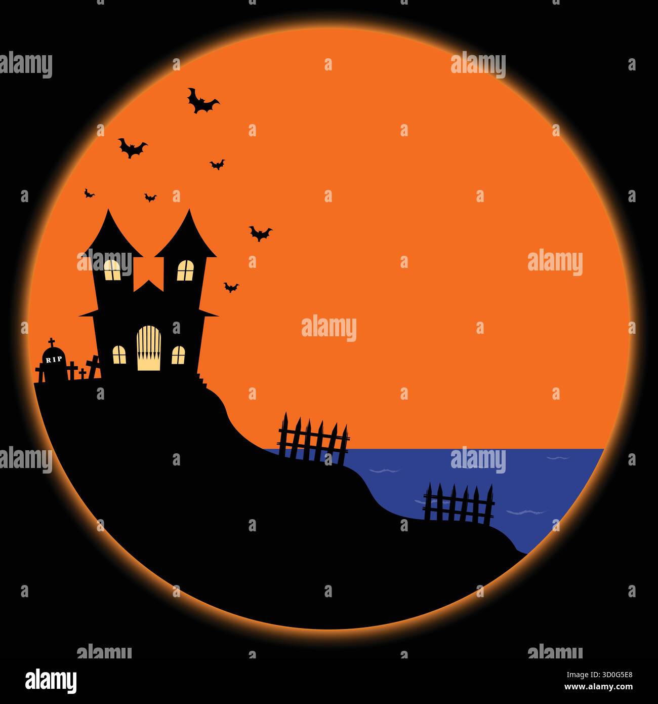 Creepy Castle And Graveyard On The Cliff On A Full Moon Night Stock ...