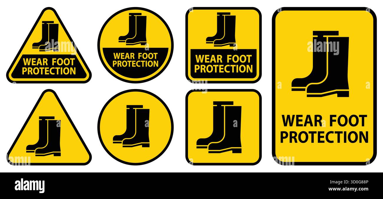A collection of vibrant yellow and black safety signs promoting foot ...