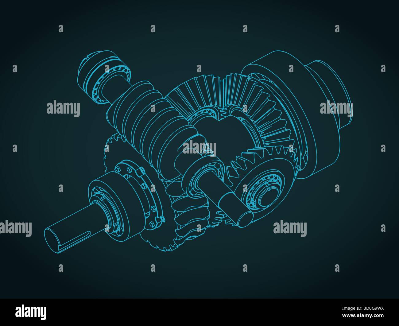 Worm gearbox with differential structure isometric blueprint stylized ...