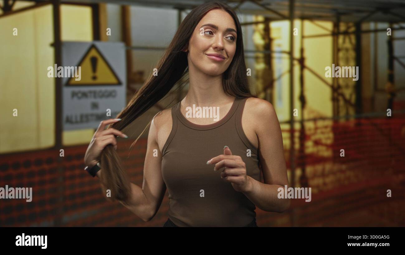 Woman touching hair and clasping hands while smiling in building ...