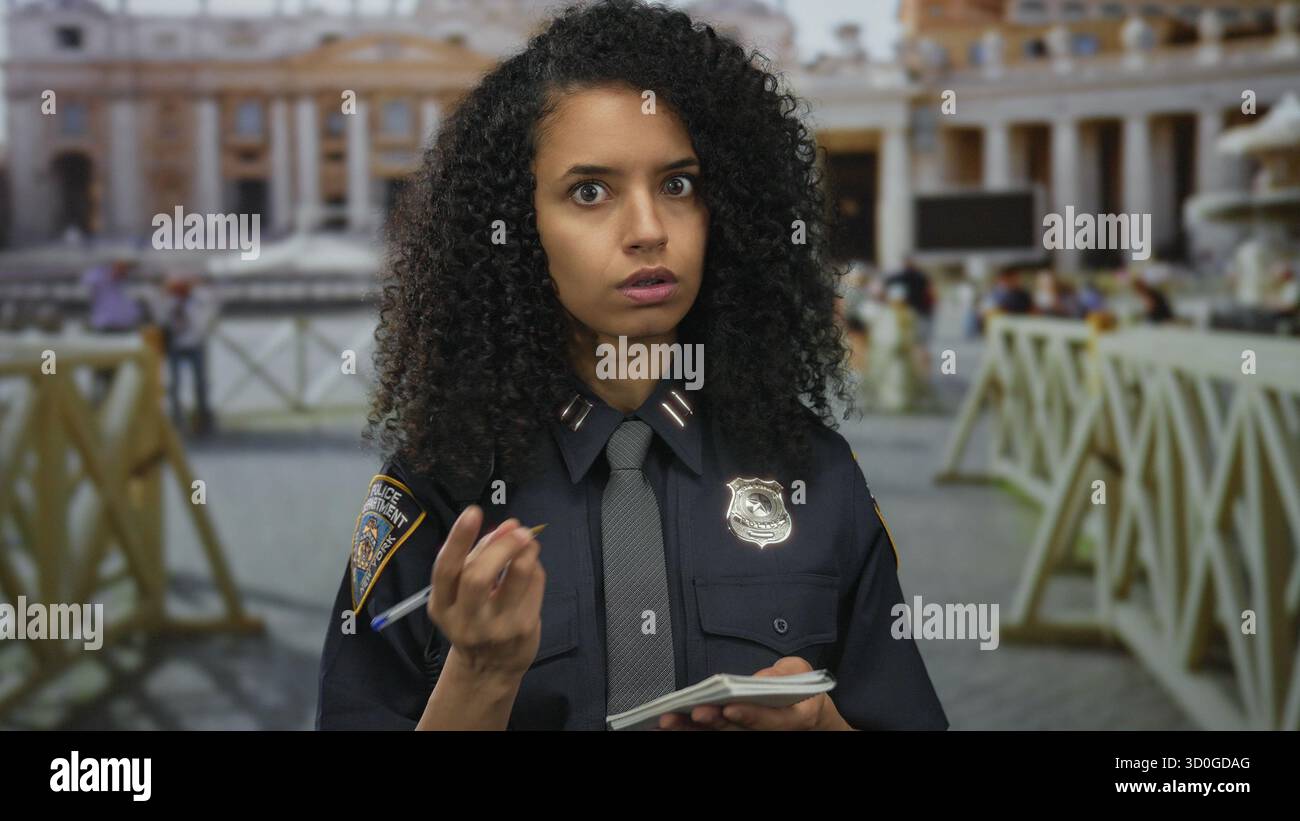 Young hispanic female police officer in uniform writing notes outdoors ...