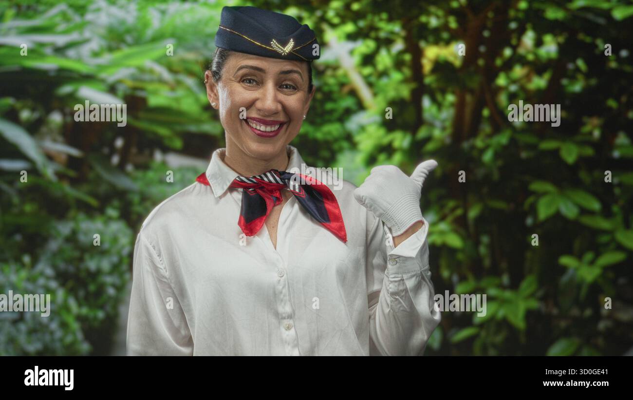 Air hostess woman wearing navy hat, white shirt and gloves with silk ...