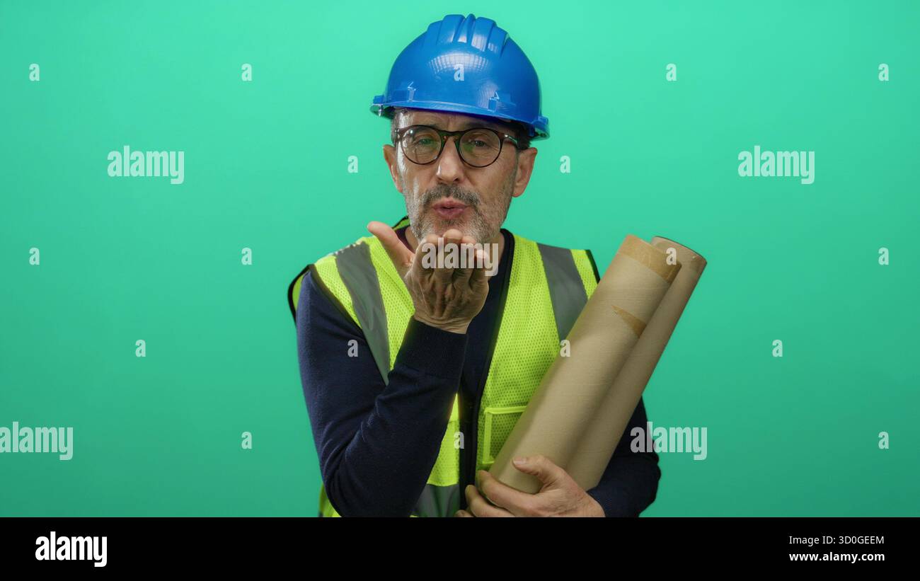 Man wearing blue helmet and safety vest holds rolled blueprints against ...
