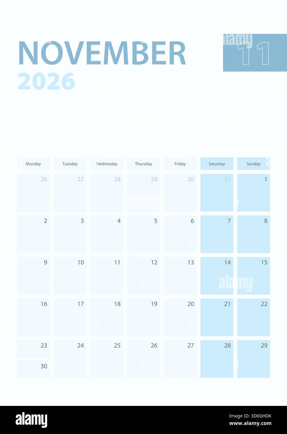 Vertical calendar page of November 2026, Week starts from Monday ...