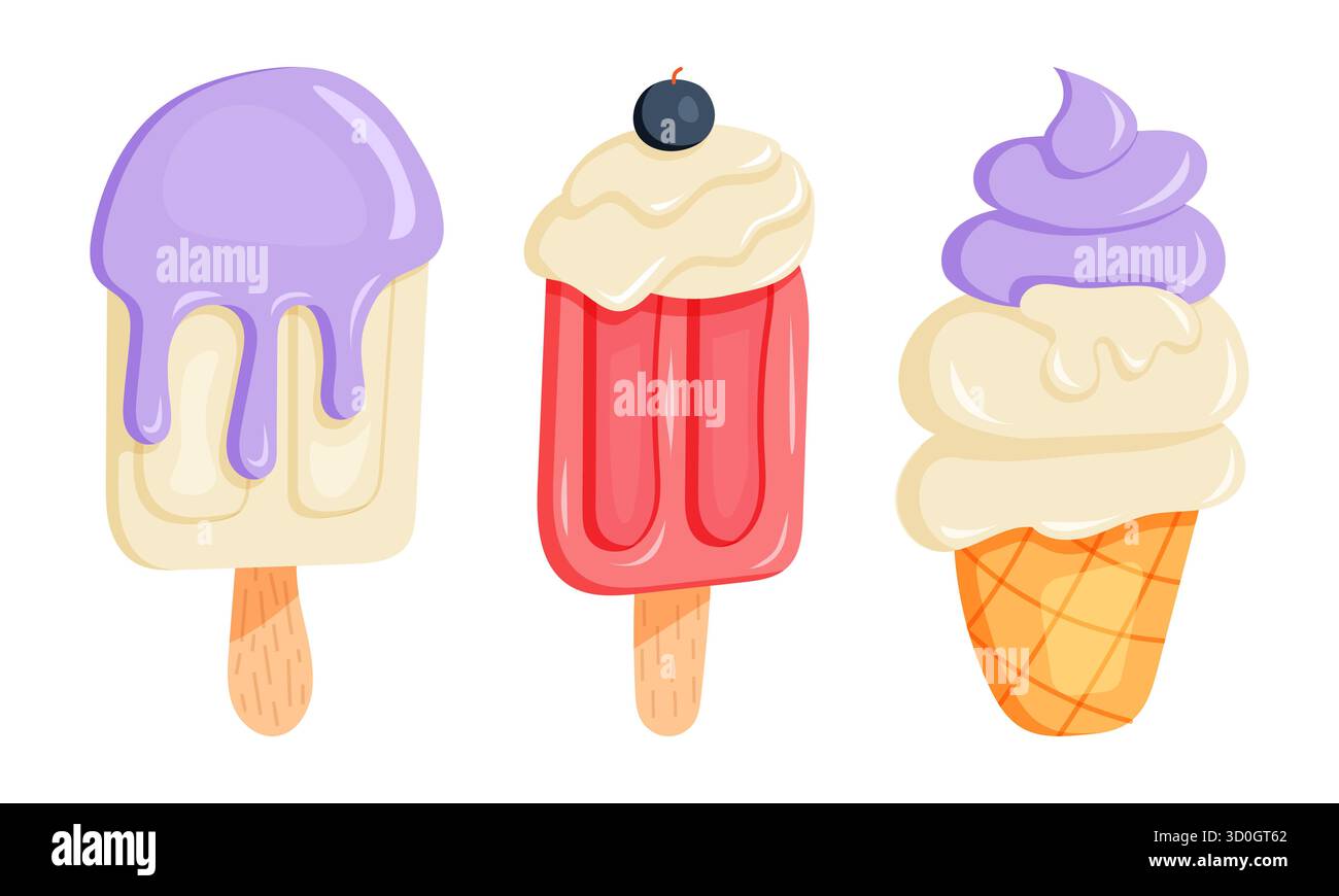 Vector illustration of three cute ice creams with different toppings in ...