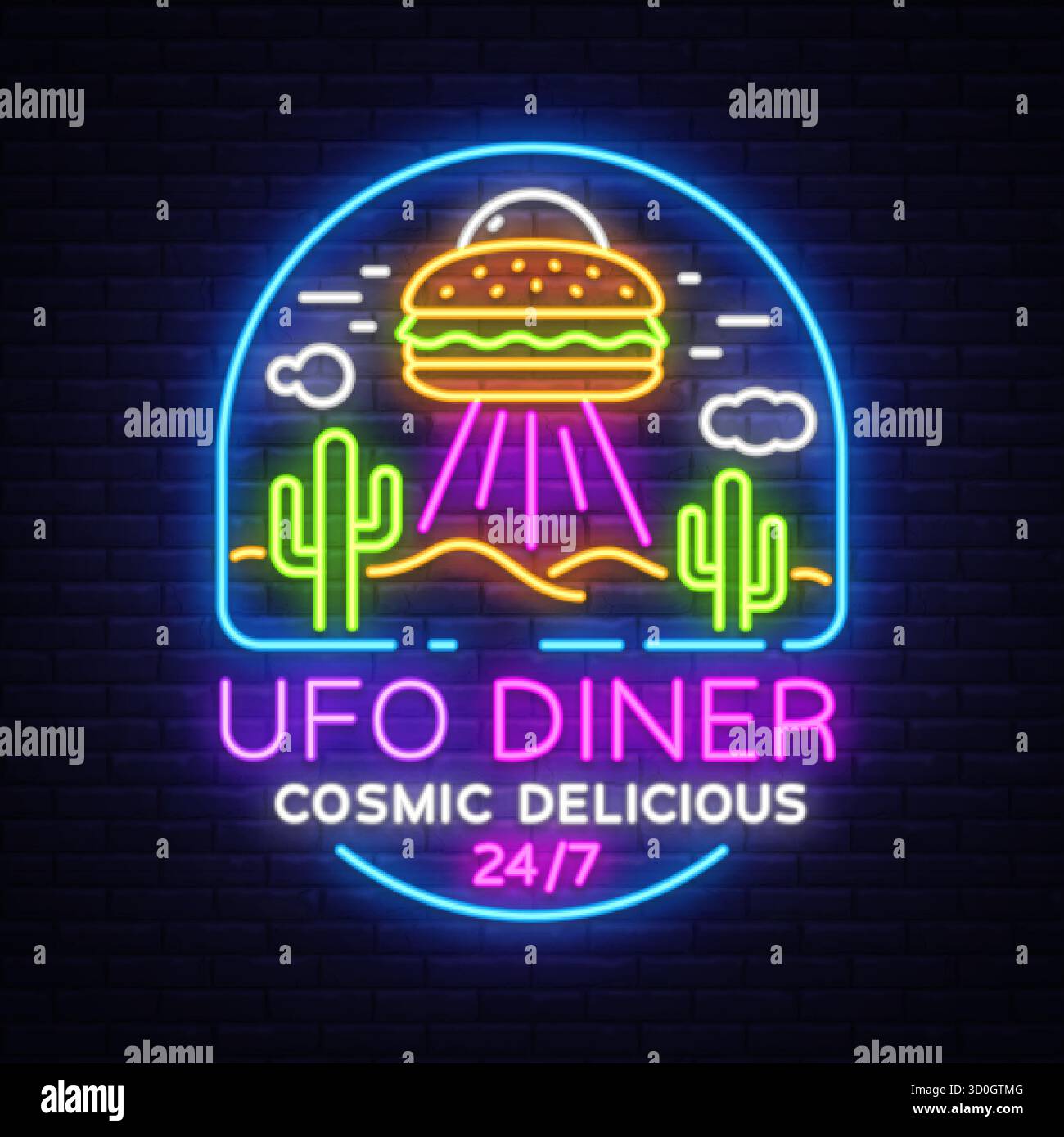 Colorful neon sign of a burger-shaped UFO above a desert. Caption reads ...
