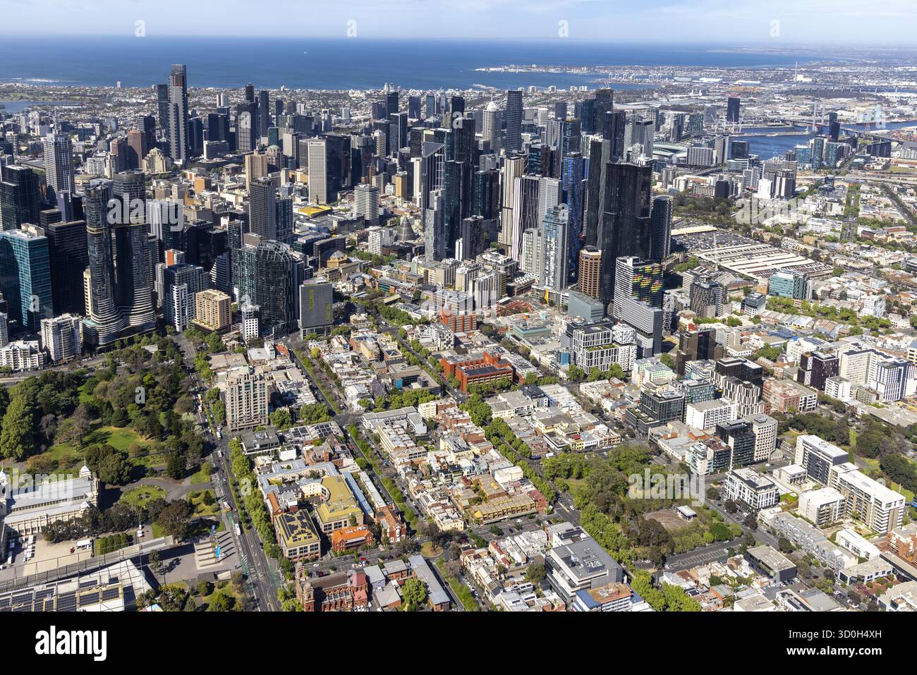 Aerial view of the city's skyscrapers contrasting with the leafy ...