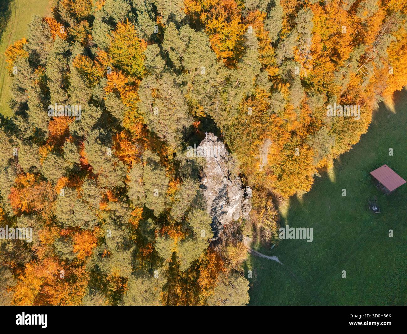 Aerial view of Driekynska skala standing out amidst the autumnal forest ...