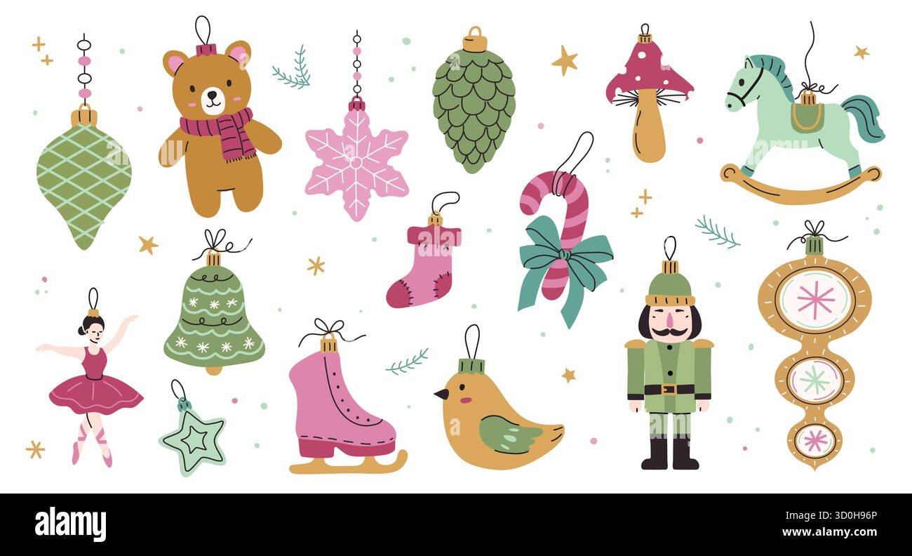 A variety of cheerful Christmas ornaments are displayed, featuring ...