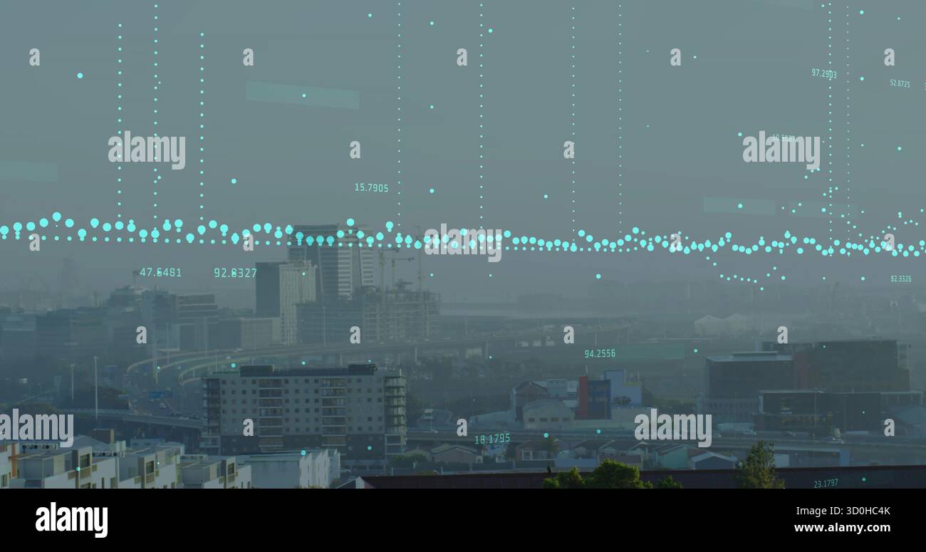 Displaying turquoise data points hovering over apartment blocks and ...