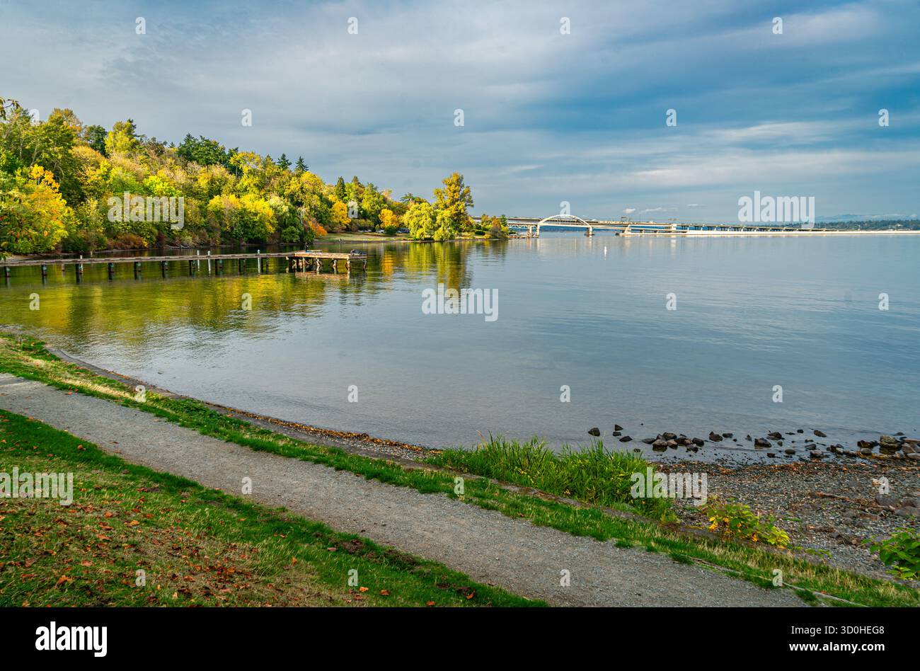 A pier and shoreline autumn colors at Lake Washington in Seattle Stock ...