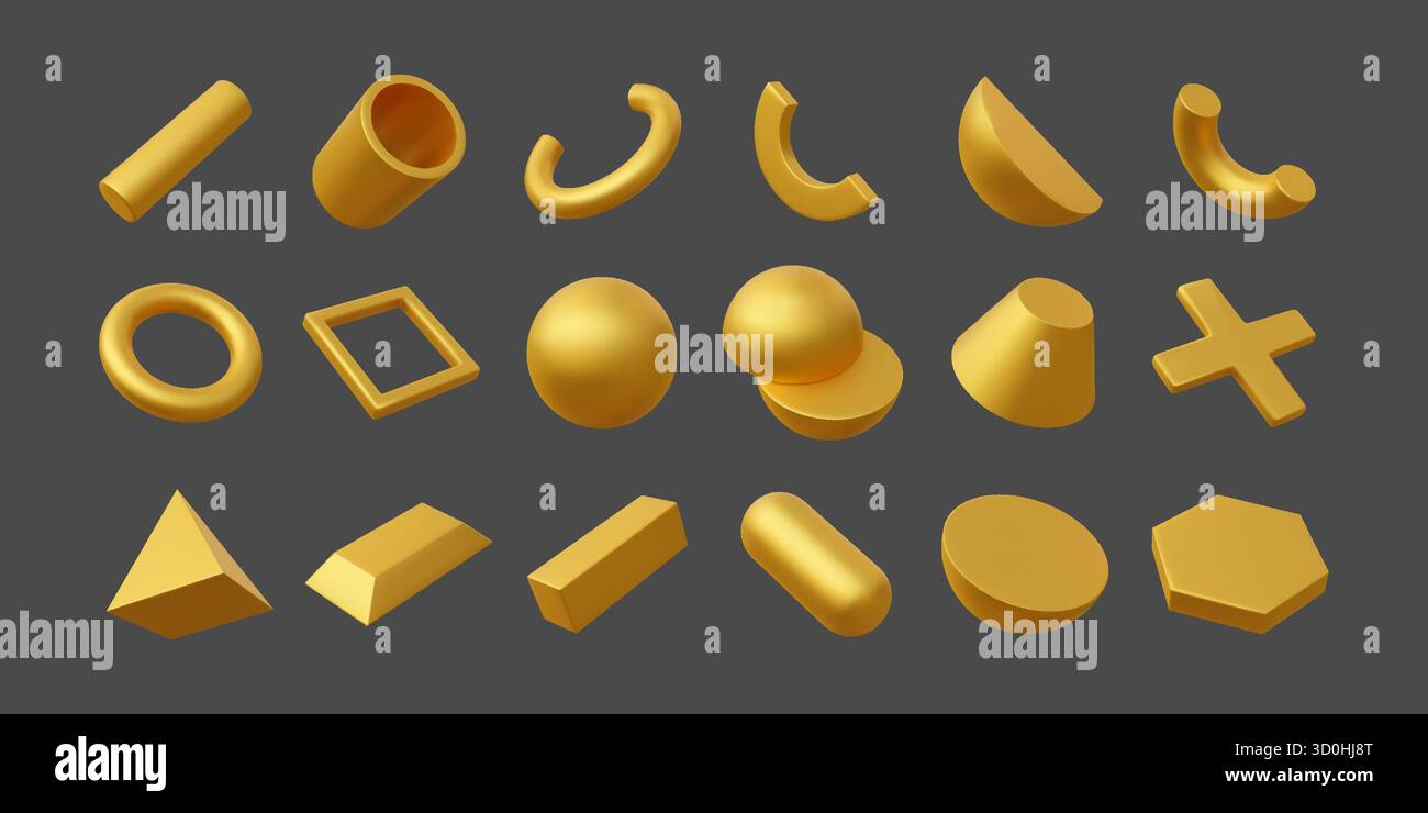 3d gold figures. Golden sphere object, geometry metal triangle, ring ...