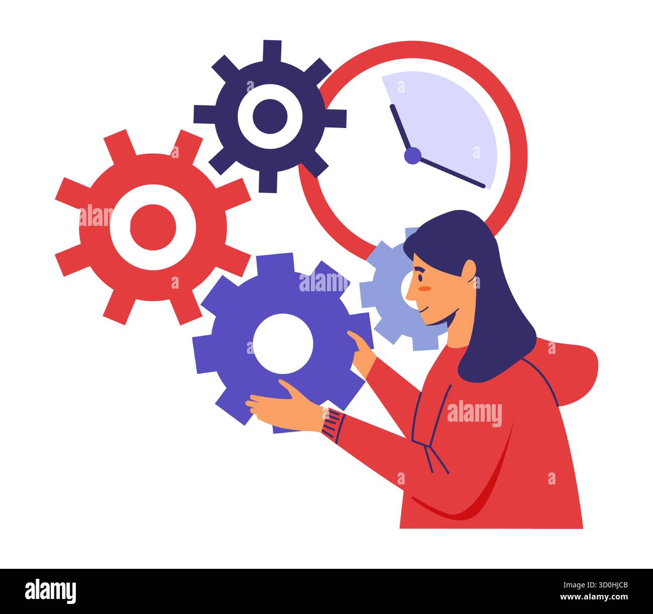 Woman time management. Girl and technology gears, alarm clock symbol ...