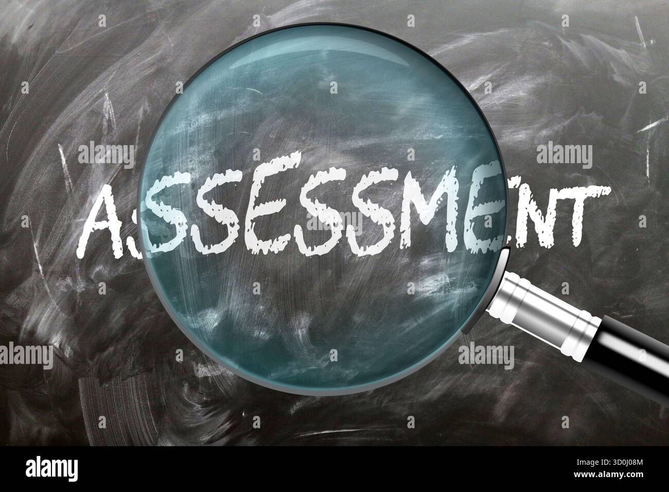 Assessment - learn, study and inspect it. Taking a closer look at assessment. A magnifying glass ...