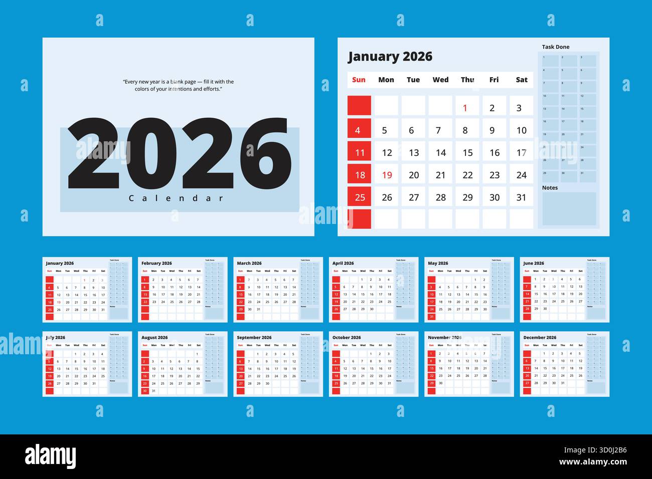 2026 wall calendar with monthly task tracker and notes section, clean ...