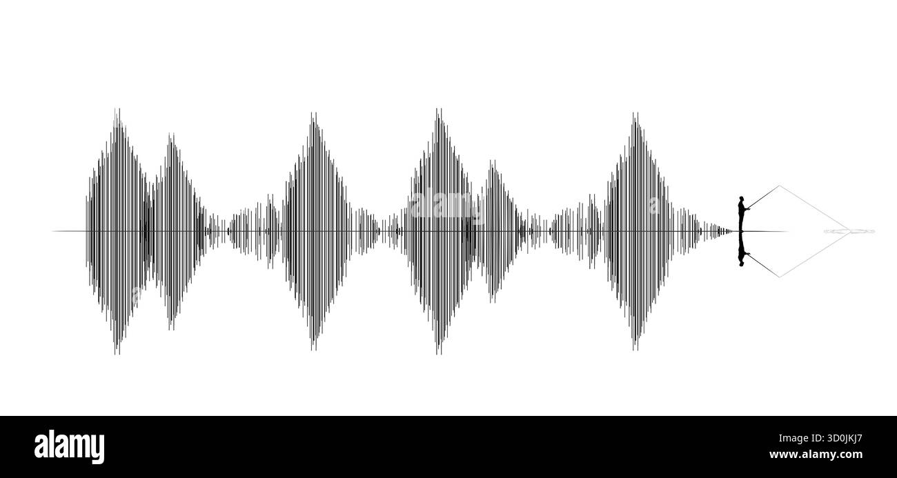 Sound wave patterns look like trees on a island and a man fishes with a ...