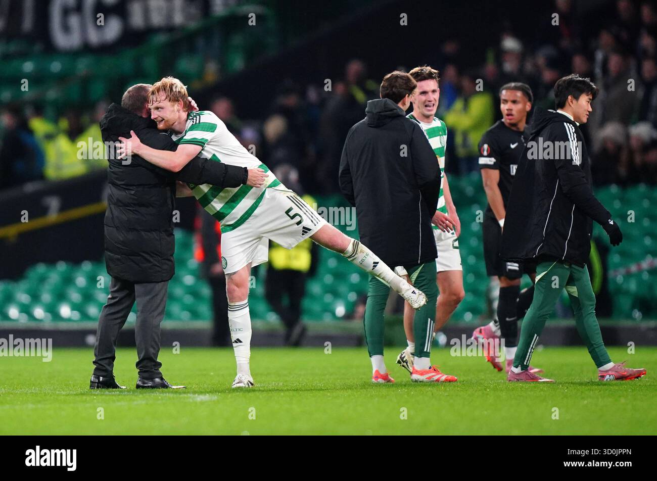 Celtic manager Brendan Rodgers greets Liam Scales following the UEFA ...