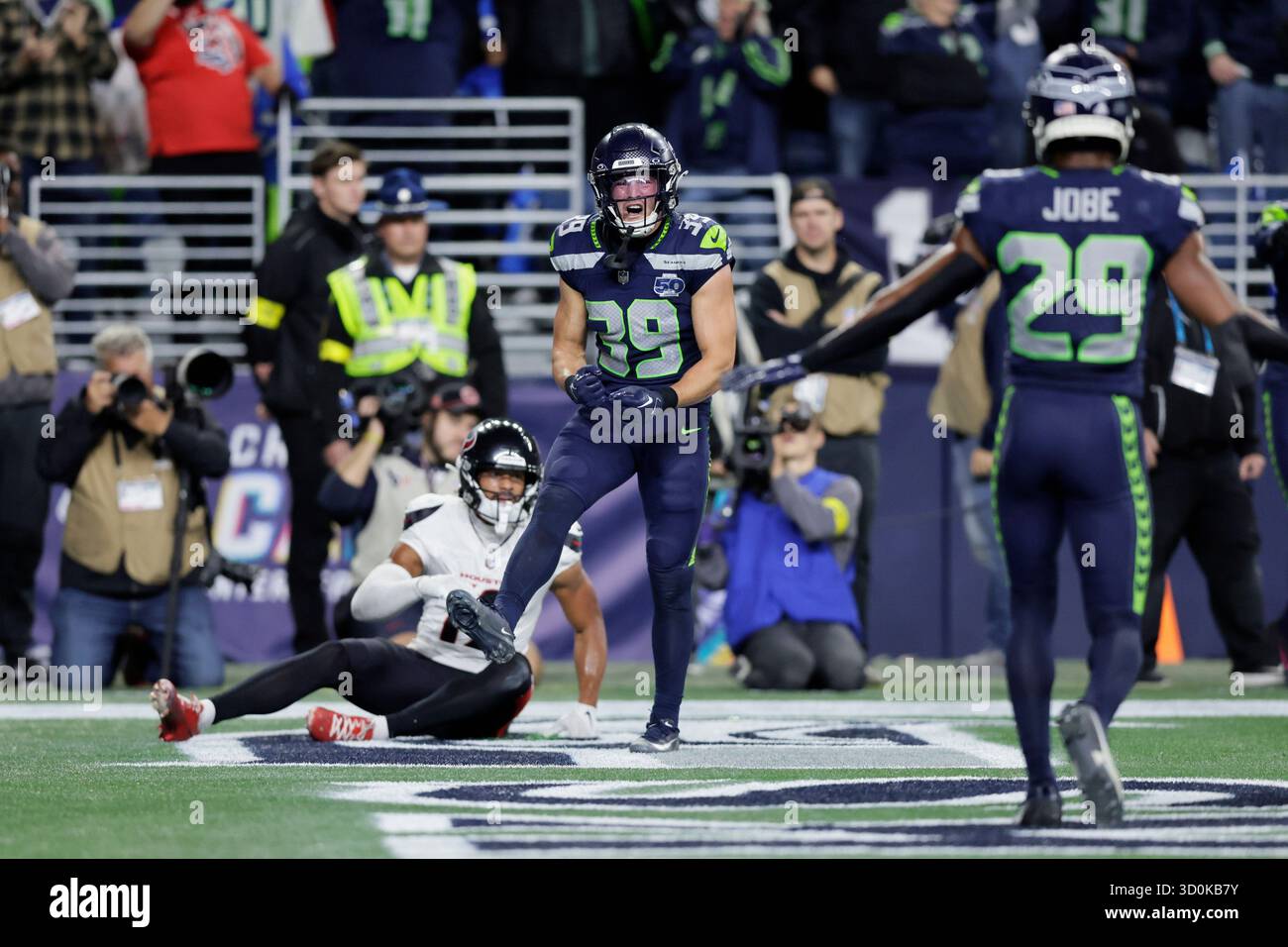 Seattle Seahawks safety Ty Okada (39) reacts after Houston Texans wide ...