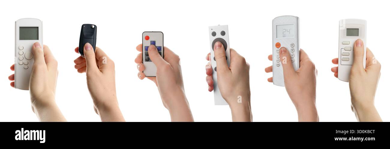People holding different remote controls in hands on white background ...