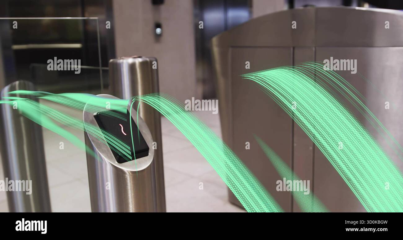 Steel turnstile scanning smartphone on angled reader in office lobby ...