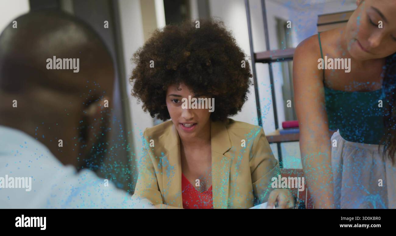 Talking coworker with curly hairstyle wearing beige blazer and red top ...