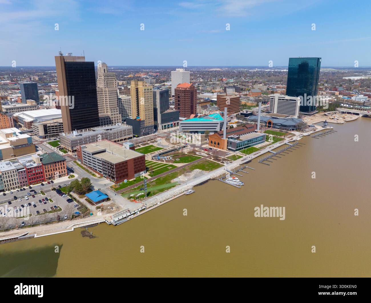 Toledo modern city skyline aerial view at Maumee River, including ...