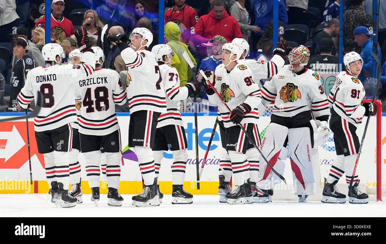 Chicago Blackhawks players celebrate after the team defeated Tampa Bay ...
