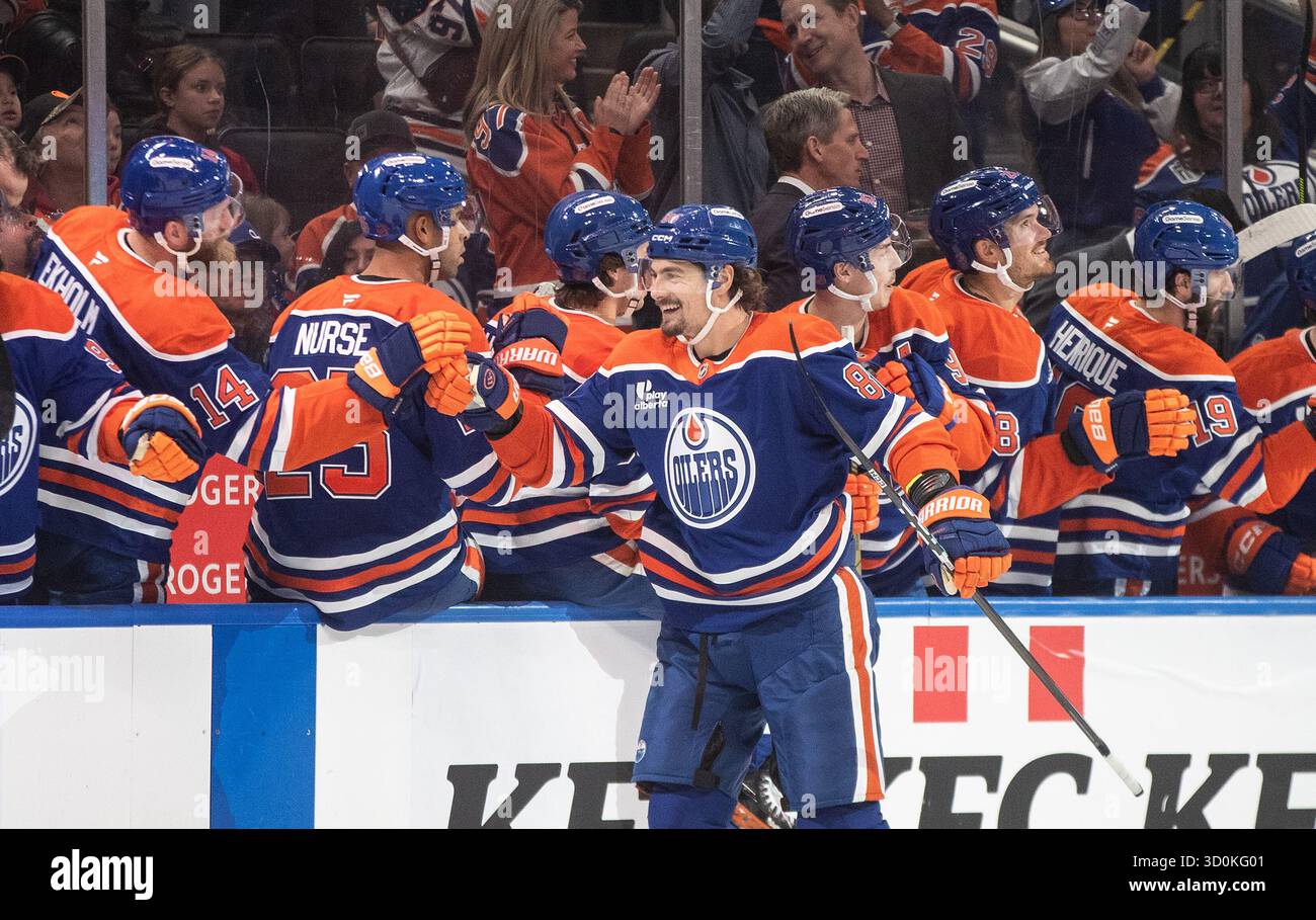 Edmonton Oilers' David Tomasek (86) celebrates a goal against the ...