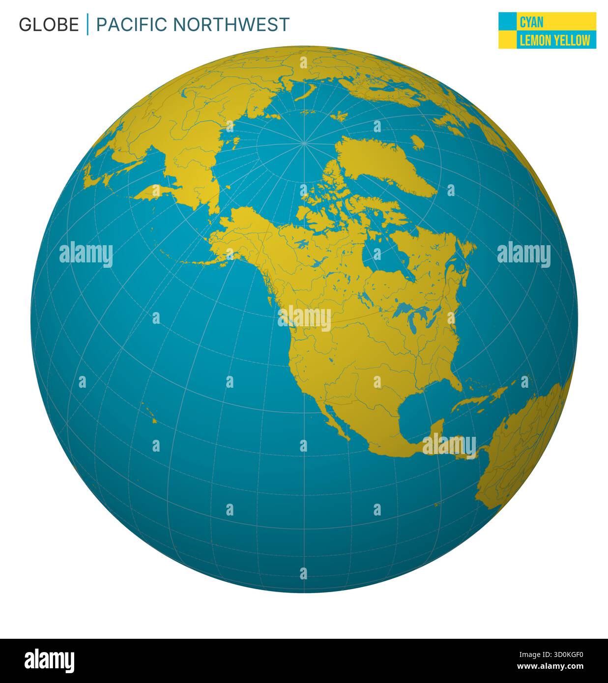 Vector globe centered on the Pacific Northwest. Cyan, lemon, and yellow ...