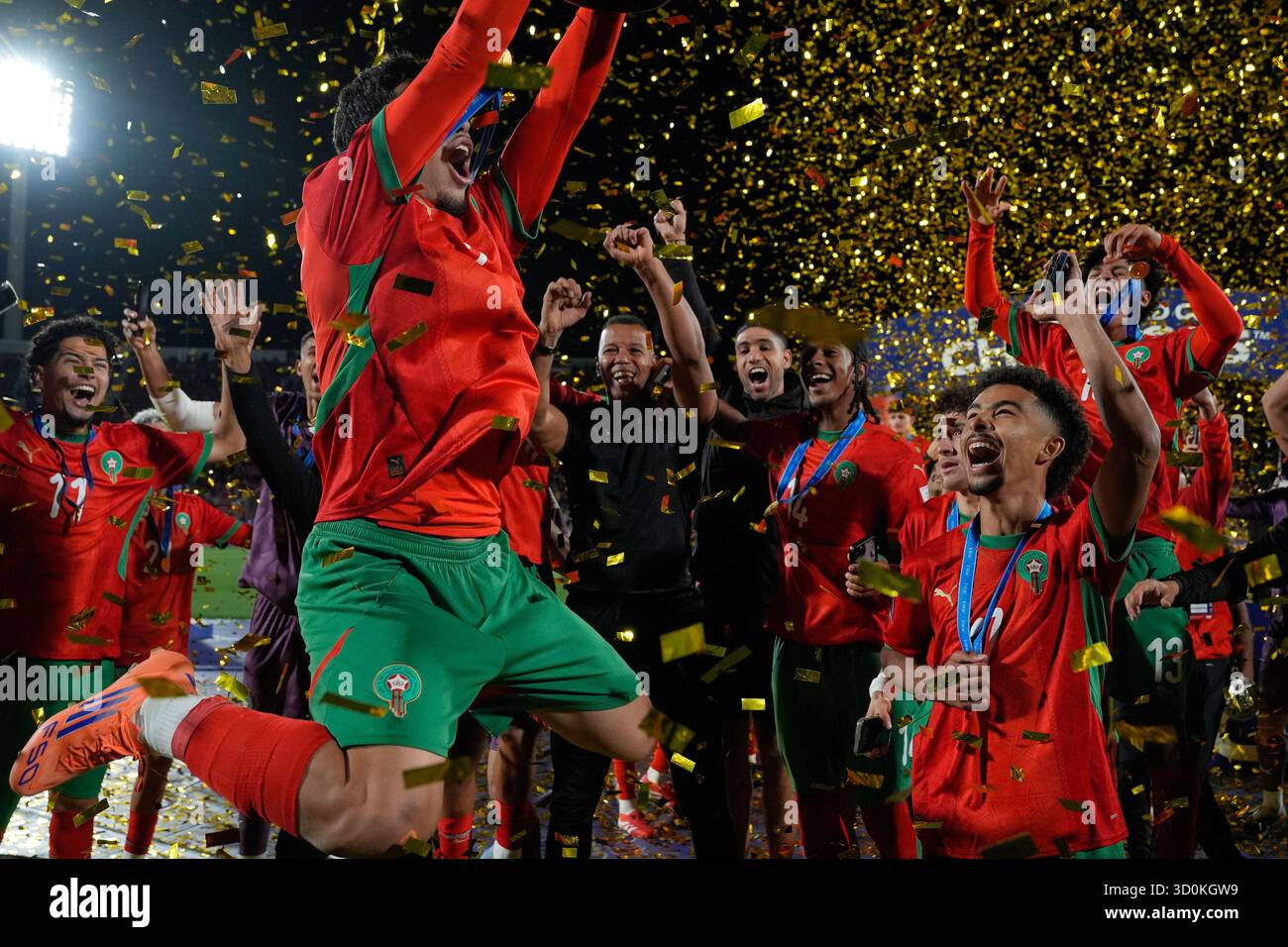 FILE - Morocco players celebrate after defeating Argentina in the FIFA ...