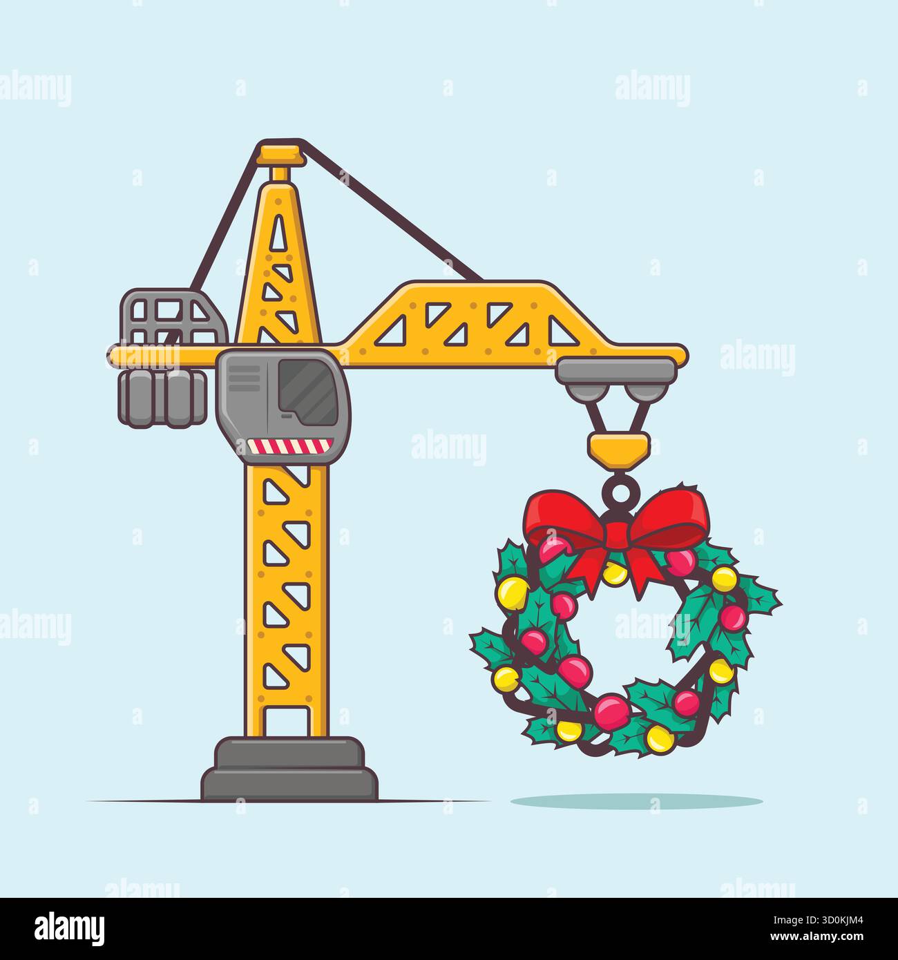 Modern cartoon crane lifting a Christmas wreath. Perfect vector ...