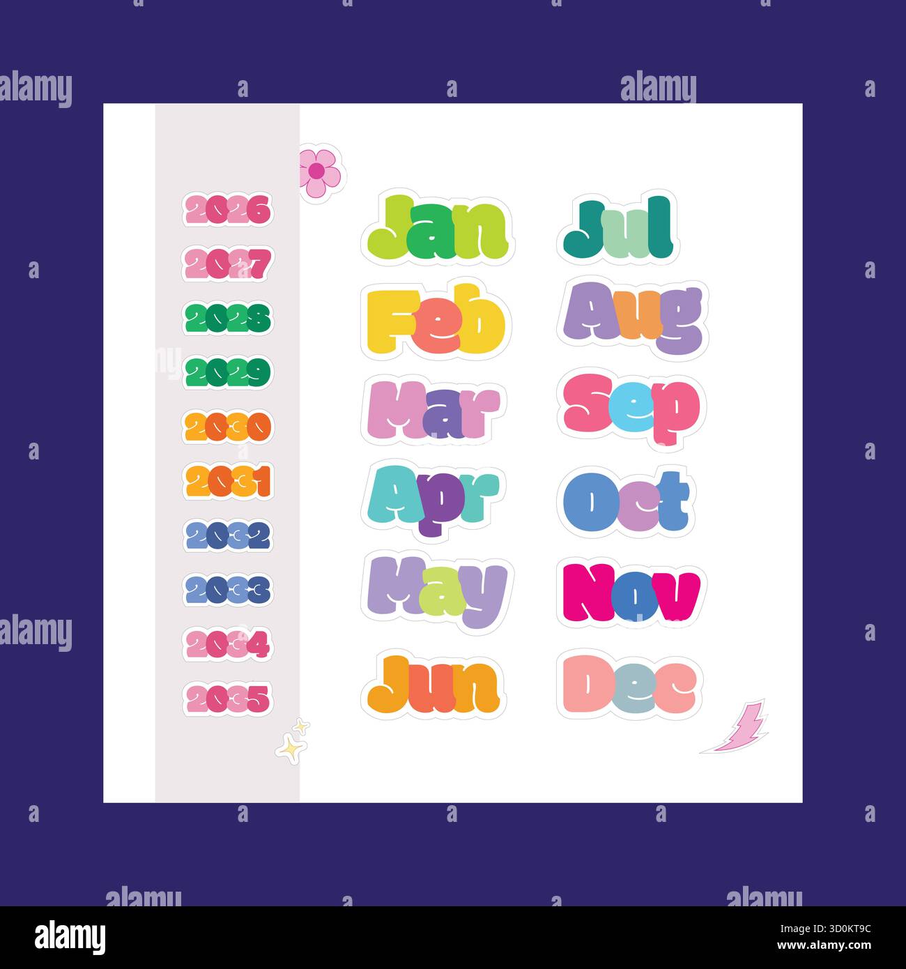 Colorful months and years sticker set with bold typography for planners ...