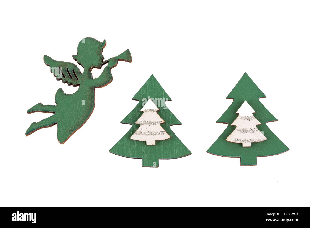 Wooden angel and fir trees isolated on white background Stock Photo - Alamy
