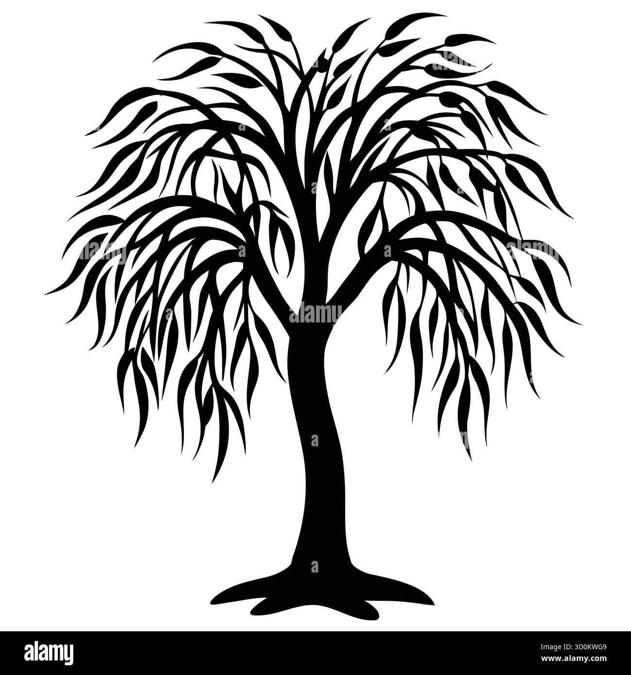 Black silhouette of a willow tree with long hanging branches. Ideal for ...
