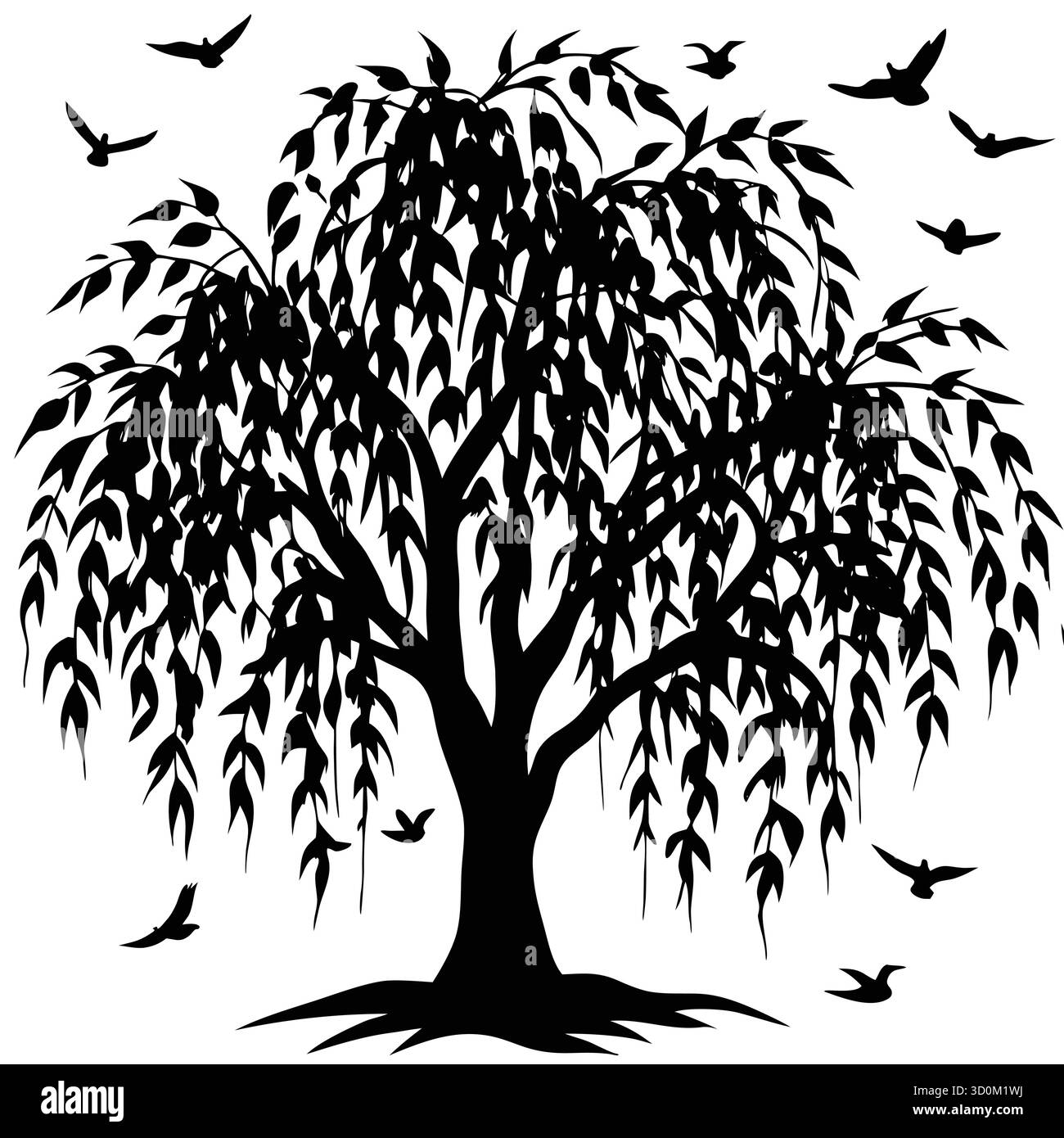 Black silhouette of a willow tree with long hanging branches. Ideal for ...