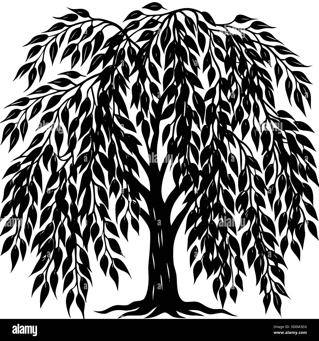 Black silhouette of a willow tree with long hanging branches. Ideal for ...