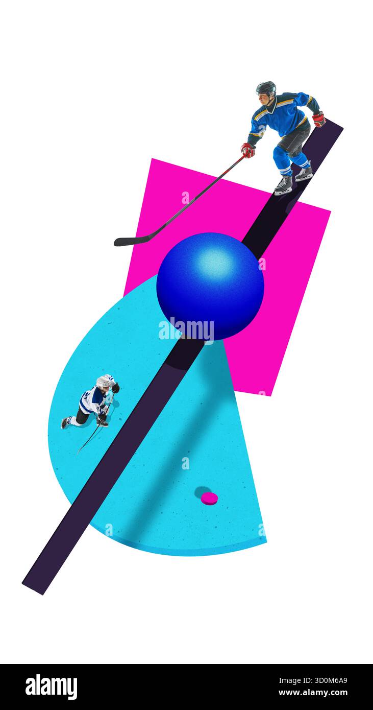 Bold colorful poster. Hockey players skating across surreal geometric ...