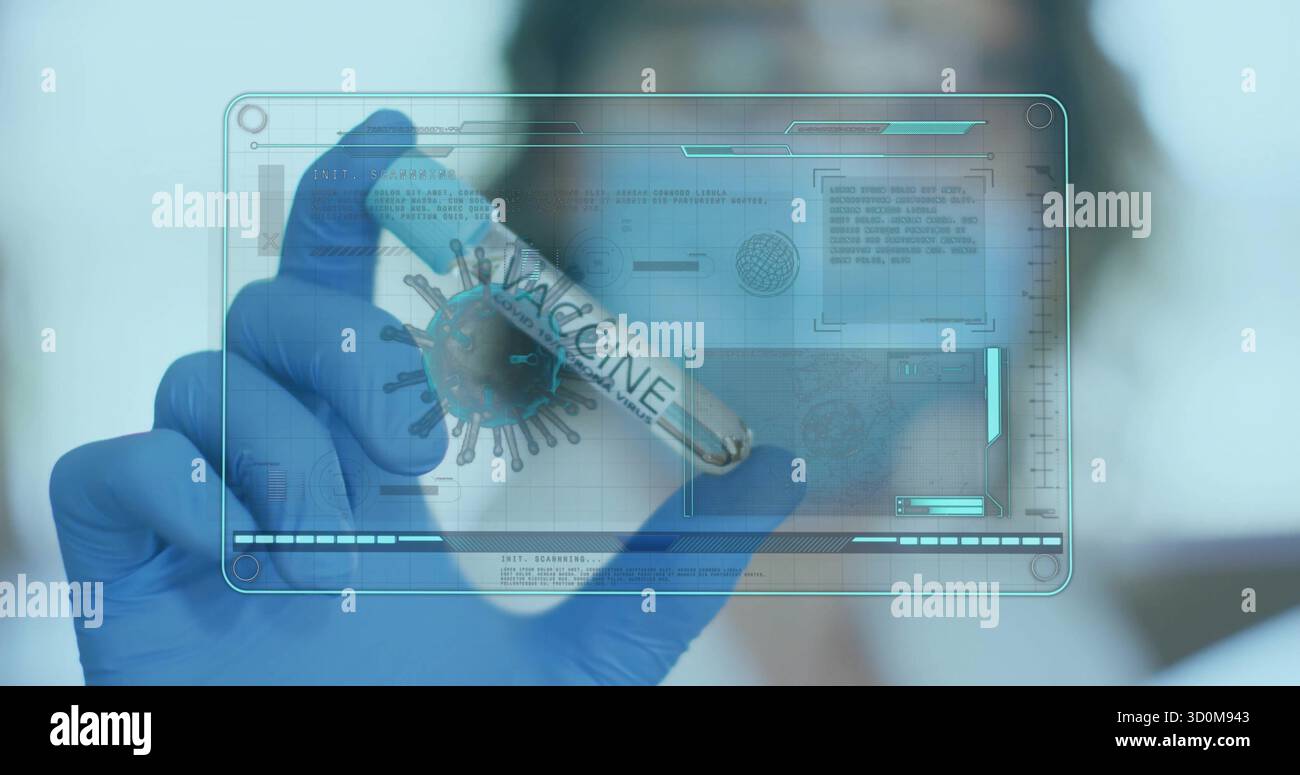 Holding researcher wearing lab coat and gloves presenting vaccine vial ...