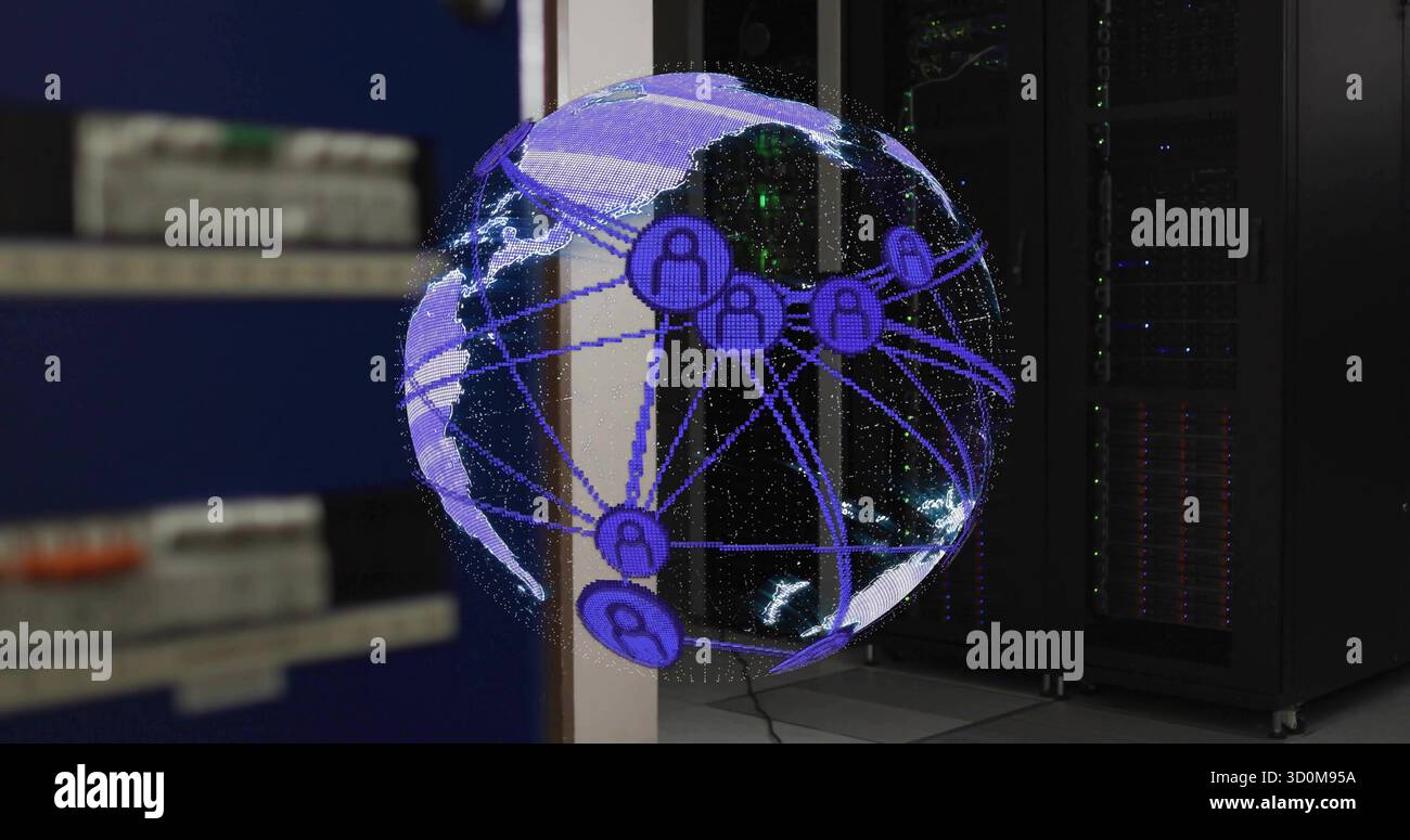 Floating holographic globe showing network links in data center, with ...