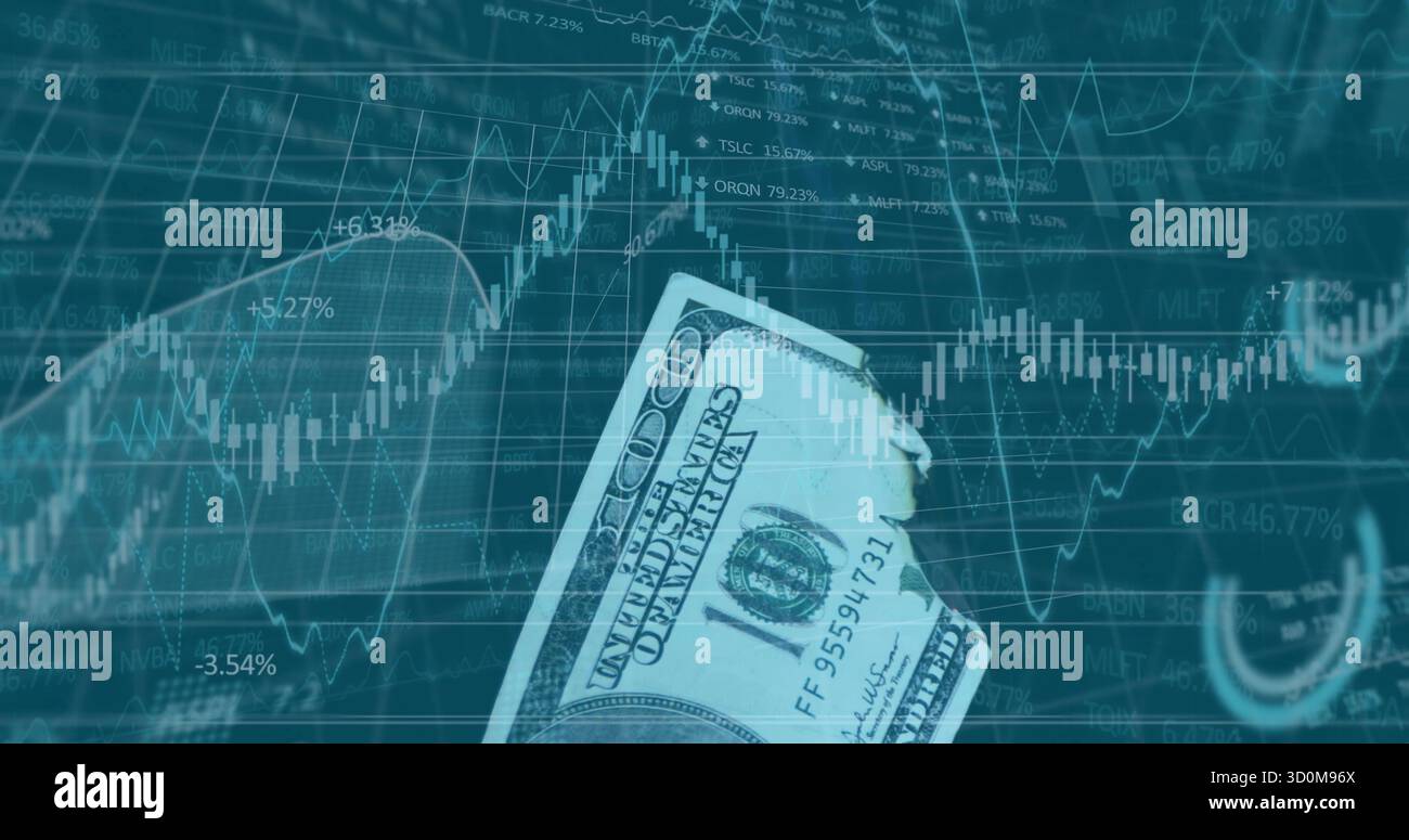 Showing torn U.S. 100-dollar bill tilting across interface, with line ...