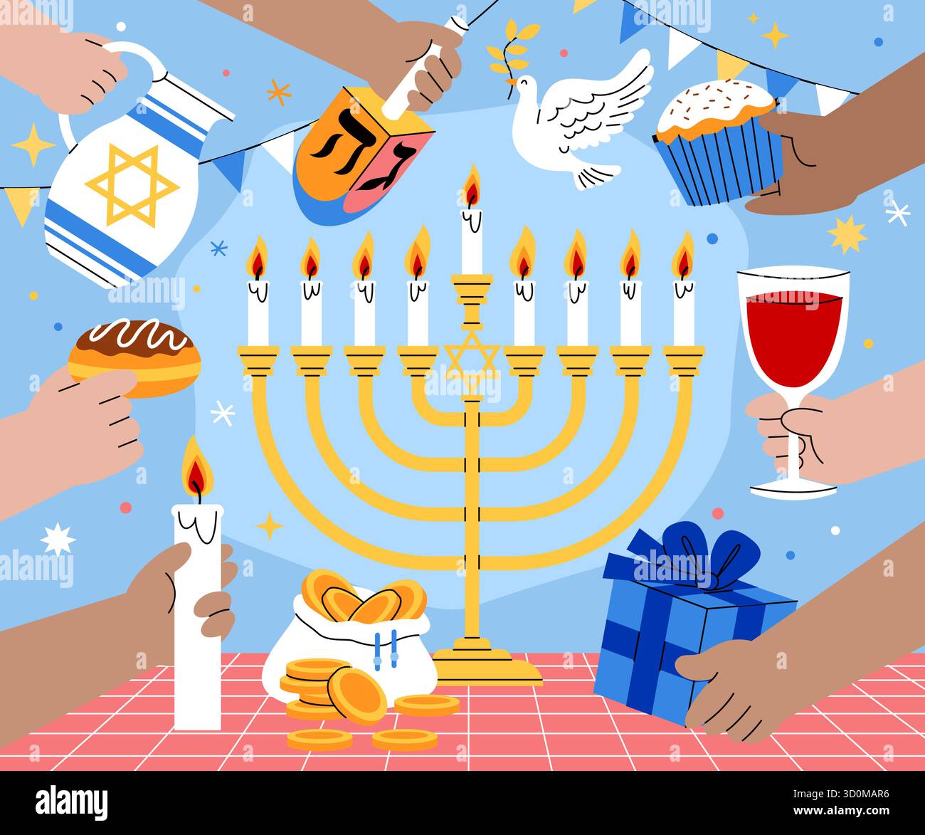 Hanukkah decorative layout with menorah and hands holding symbols in ...