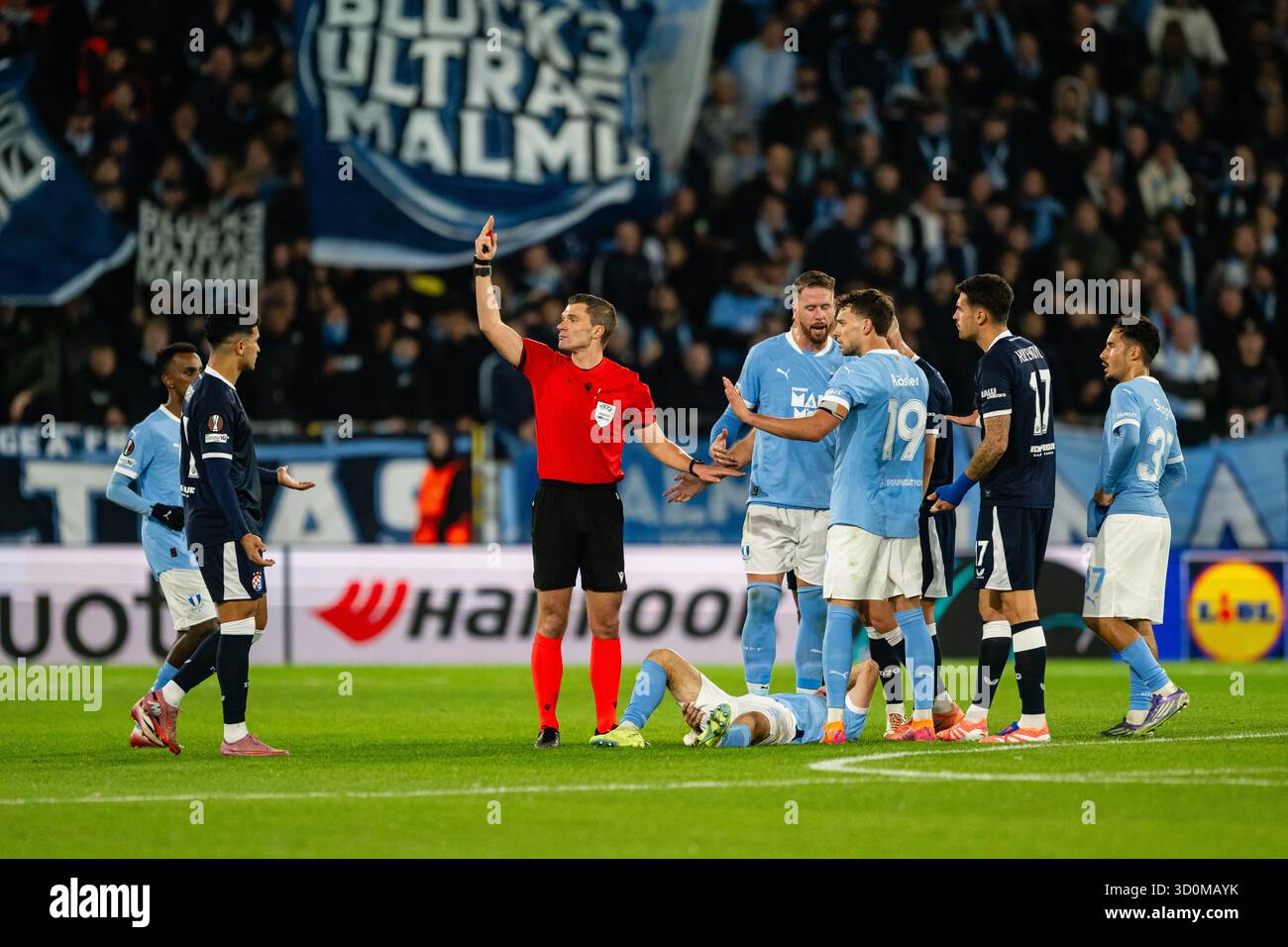 Malmo, Sweden. 23rd, October 2025. Referee Willy Delajod is calling for ...